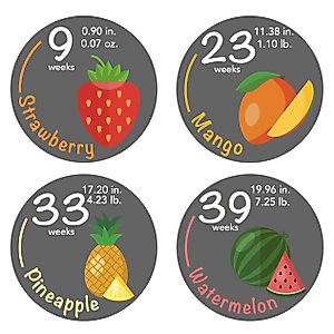 Bump Stickers - 40 Weekly Pregnancy Tracking Stickers – Week 5 to 40 + 4 Bonus Stickers – Pregnancy Photo Prop – Fruit 3.93 Inch