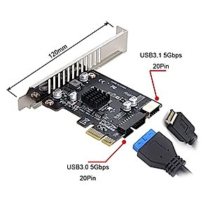 ChenYang USB 3.0 20Pin ＆ USB 3.1 Gen 1 Type-E Front Panel Socket to PCI-E 1X PCI Express Expansion Card Adapter