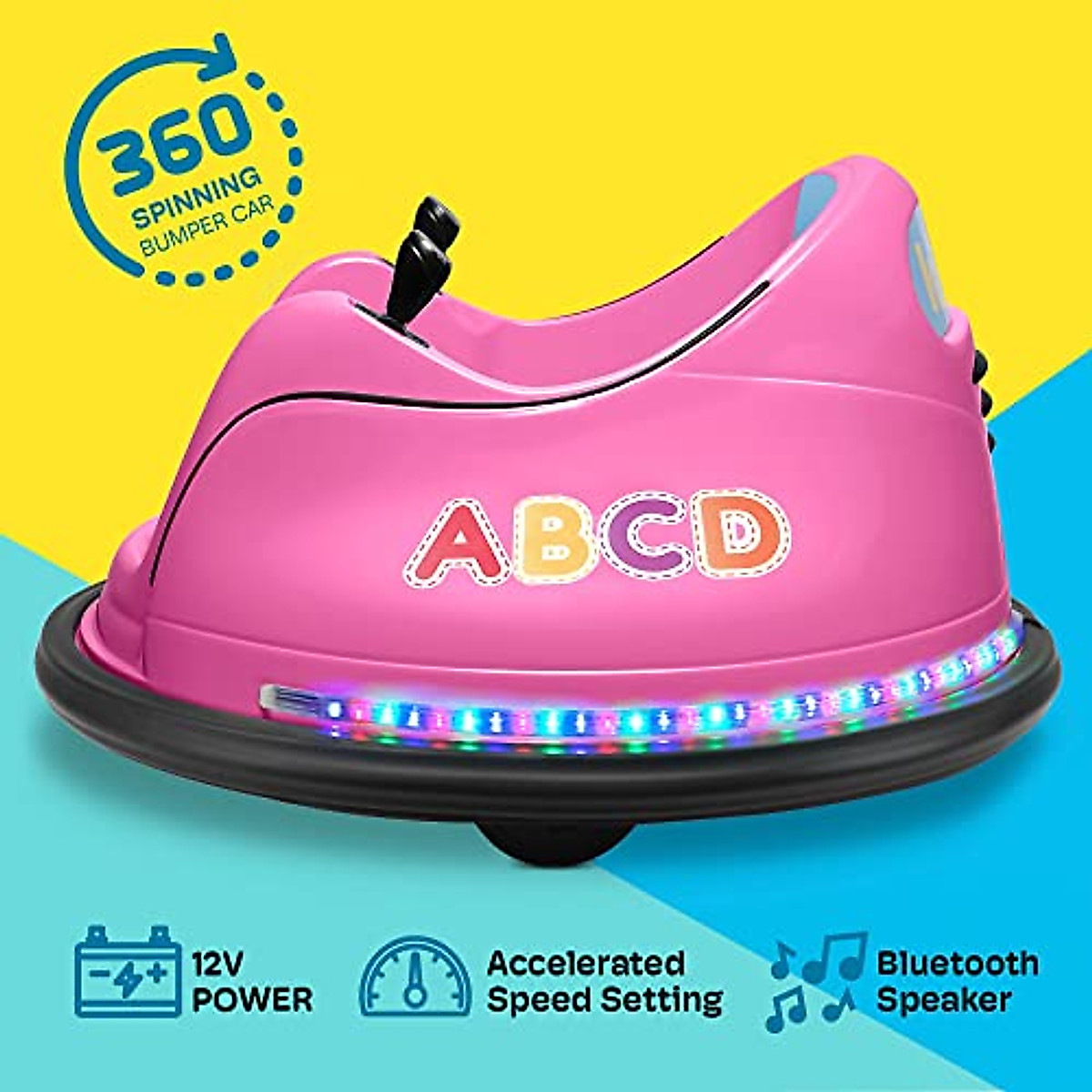 Kidzone 12V 2-Speeds Electric Ride On Bumper Car for Kids & Toddlers 1.5-5 Years Old, DIY Sticker Baby Bumping Toy Gifts W/Remote Control, LED Lights, Bluetooth & 360 Degree Spin, ASTM Certified