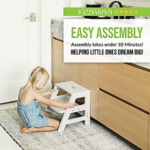 KidzWerks Kids Step Stool for Toddlers Bathroom Kitchen Potty Wooden Children’s Stepping Standing 2-Step Ladder, Grey