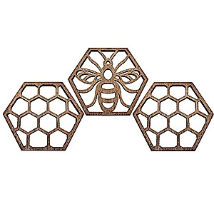 10Pcs Wooden Coaster Hollow Hex Wooden Cup Cushion Honeycomb Design Cup Pad Wall Art Decoratiob for Bee Lovers Collection Housewarming Gift Coffee DIY Bar Home Decor(10Pcs, Bees)