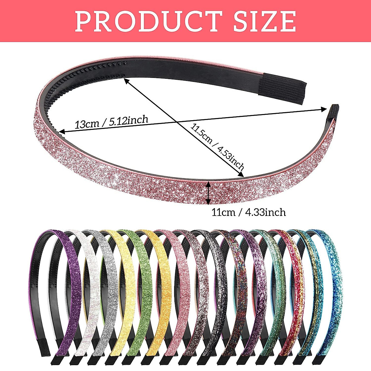 YONOY 15 Colors Sparkle Plastic Headbands For Girls,Glitter Thin Head Bands No Slip Fashion Girls Hard Toddler Hairbands