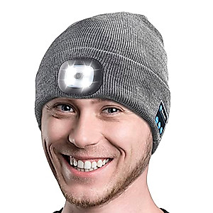 Ocatoma Bluetooth Beanie Hat with Light Headphone Unique Tech Gifts for Men Dad Him Teenage Women Christmas Stocking Stuffers Grey