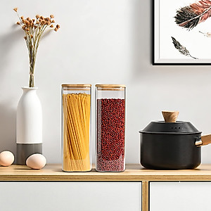 ComSaf Glass Spaghetti Pasta Storage Containers with Lids 74oz Set of 3, Tall Clear Airtight Food Storage Jar with Bamboo Lid for Noodles Flour Cereal Sugar Beans, Sqaure Spaghetti Pantry Container