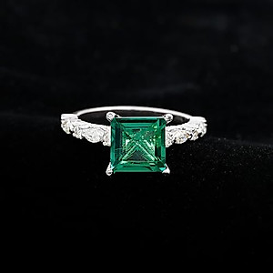 Certified Lab Grown Emerald 8mm Princess Cut Engagement Ring, AAAA Quality, Emerald Moissanite Ring - With Jewelry Box, 14K White Gold, Size:US 6.50