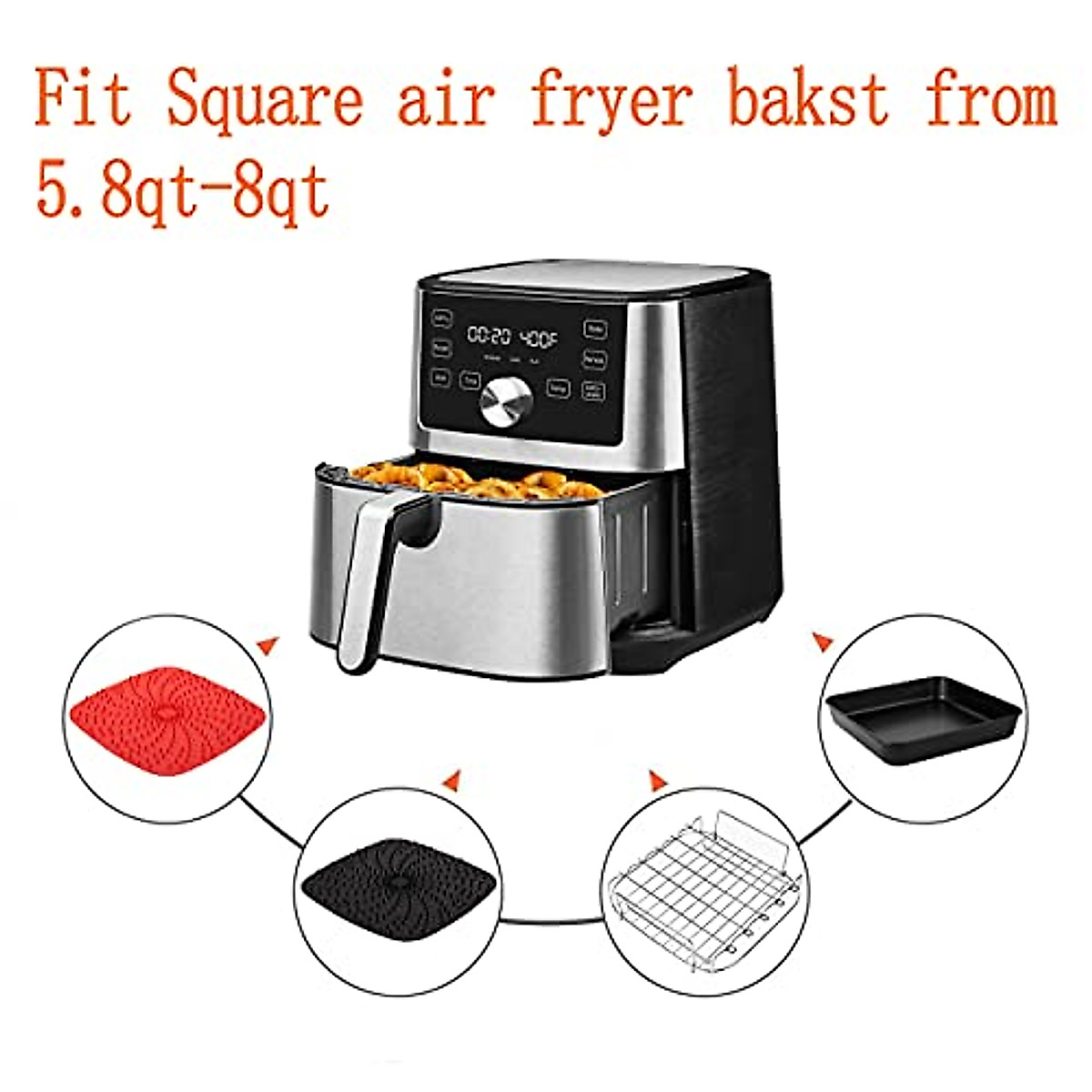 8 inch Square Air Fryer Accessories for Instant Vortex Air Fryer,COSORI,Philips AirFryers,Set of 4,Multi-purpose Double Layer Rack with Skewer,Nonstick Pizza Pan,Silicone Mat