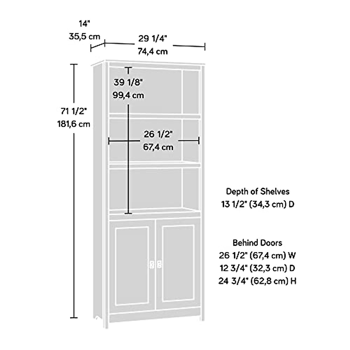 Sauder Cottage Road Library with Doors, L: 29.29" x W: 13.98" x H: 71.50", Raven Oak Finish