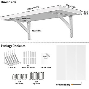 BHFOW Set of 3 Floating Wall Shelves Wall Mounted Floating Shelf Wood Hanging Shelf for Wall, Storage Display Shelving Include Mounting Brackets, White
