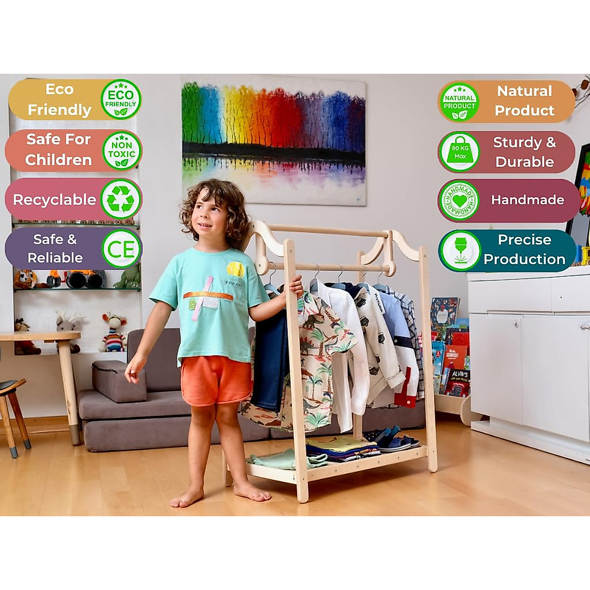 Montessori Clothing Rack and Wardrobe Set | Premium Kids Wood Furniture | Toddler Wardrobe Set | Toddler Wardrobe and Dress Up Station | Child Room Clothing Organizer (Clothes Cabinet)