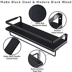 Peter's Goods Modern Floating Shelves with Rail - Wall Mounted Bathroom Wall Shelves with Towel Bar - Also Perfect for Bedroom Decor and Kitchen Storage - Solid Paulownia Wood Shelf Set of 2 (Black)