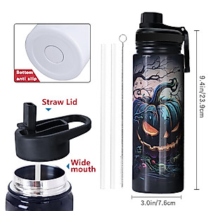 Water Bottle with Spooky Pumpkin Grimace - 24 oz Insulated Cups with Straws and 4 Lids,Halloween Tumbler Gifts for Friends Kids