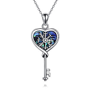 ONEFINITY Viking Compass Necklace Sterling Silver Heart Key Compass Jewelry for Women Norse Vegvisir Pendant Gifts for Nordic Pagan