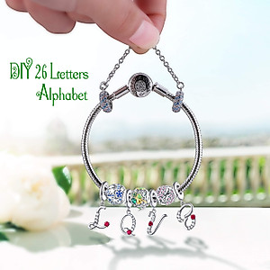 FOREVER QUEEN 925 Sterling Silver T Letter Initial Dangle Beads Charm Red Zircon Alphabet Pendants for Snake Chain Bracelets Necklace Gift Jewelry for Mother