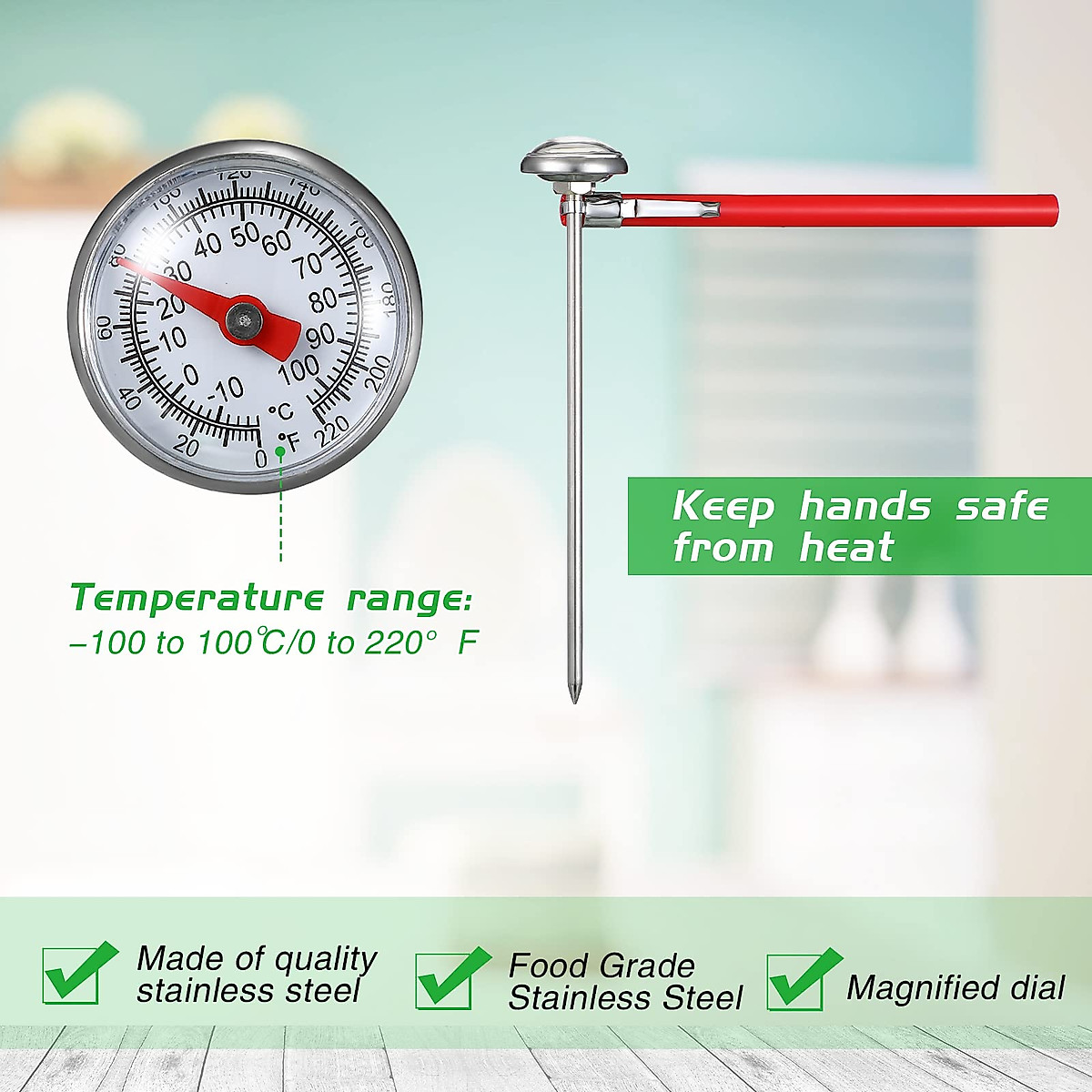 6 Pieces Stainless Steel Kitchen Thermometer with Red 5 Inches Long Stem1 Inch Dial Thermometer Milk Frothing Food Thermometer for Oven Probe Meat Foam Grill BBQ Cooking Chocolate Water