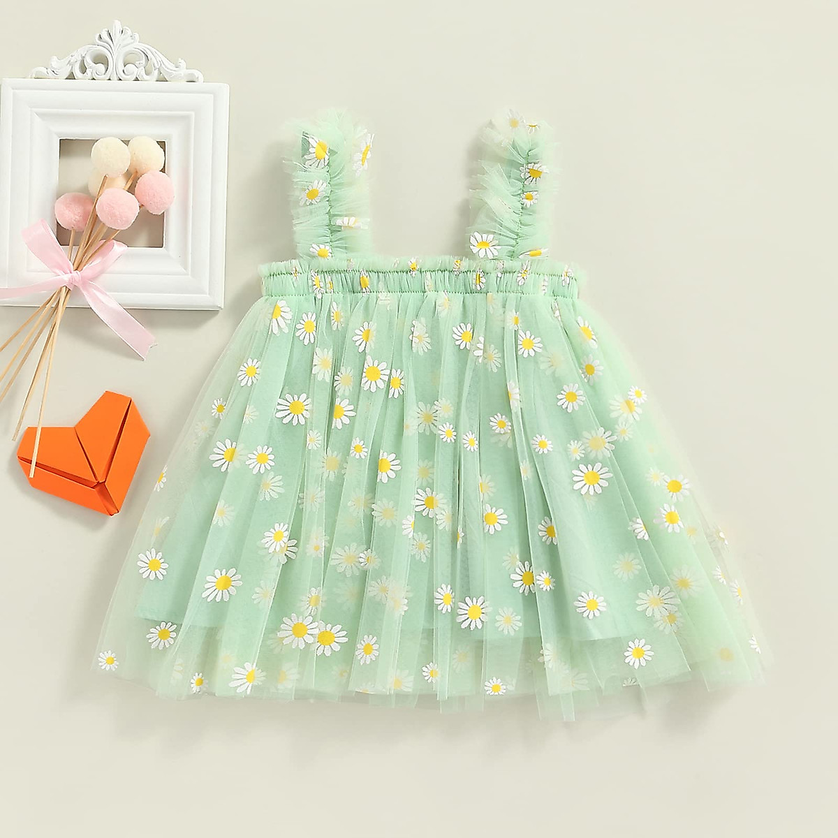 Mubineo Toddler Baby Girl Flower Tulle Tutu Dress Strappy Princess Dresses Sundress (Green Daisy, 6-12 Months)