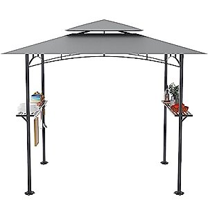 Zevemomo Grill Gazebo, 8x5 FT Grill Canopy for Outdoor Grill, Double Tiered BBQ Canopy Tent with 2 Shelves, 10 Hooks and Bottle Opener, All Weather Outdoor Gazebo for Patio, Backyard, Garden, Gray
