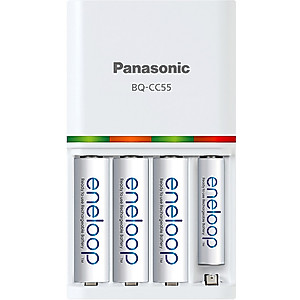 Eneloop Panasonic BK-3MCCA16FA AA 2100 Cycle Ni-MH Pre-Charged Rechargeable Batteries & BQ-CC55SBA Advanced Individual Battery 3 Hour Quick Charger with 4 LED Charge Indicator Lights, White