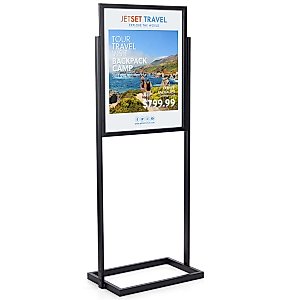 Sign Holder Stand for Floor with Top-loading Design, Includes 2 Non-glare Lenses for Double-sided Presentations, Poster Frame Display Fixture for 22" x 28" Graphics, Black, Aluminum