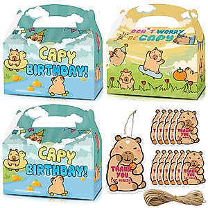 KARAQY Capybara Party Favor Boxes, 12 Pcs Capybara Goodie Gift Treat Boxes with Thank You Tags for Birthday Baby Shower Party Supplies