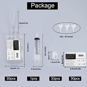 YNERHAI 30 Pack Fake IV Bags ,Reusable 13.5 FL Oz Blood Bags for Drinks,Halloween Vampire party supplies Drink Container with 30 Labels, 30Clips, 3 funnels, 1 Syringe