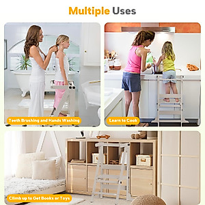 Toddler Tower Foldable, Kitchen Step Stool Helper with Safety Railing & 3 Adjustable Heights, Standing Tower with Double-Sided Drawing Board, Montessori Kitchen Tower for Toddlers/Kids Learning (Grey)