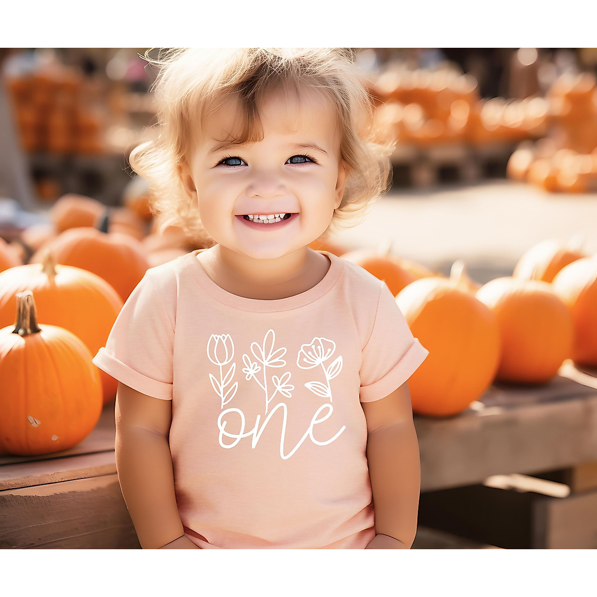 One Floral 1st Birthday Shirt for Baby Girls First Birthday Outfit White on Peach Shirt 12 Months