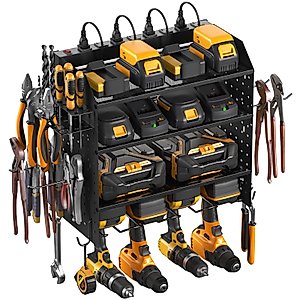 CCCEI Modular Pegboard Rack Power Tool Organizer with Charging Station. 4 Layer Wall Mount Drill Holder, Mechanic Tool Battery Charger Organizer. Garage Shop Storage Utility Shelf with Power Strip.
