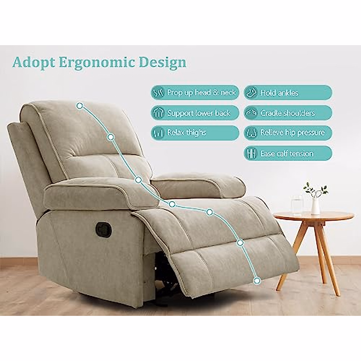 RISAR Oversized Rocker Recliner Chair, Ergonomic Nursery Manual Rocking Armchair Upholstered Thick backrest & Removable armrest Single Sofa Chair for Living Room (Beige)