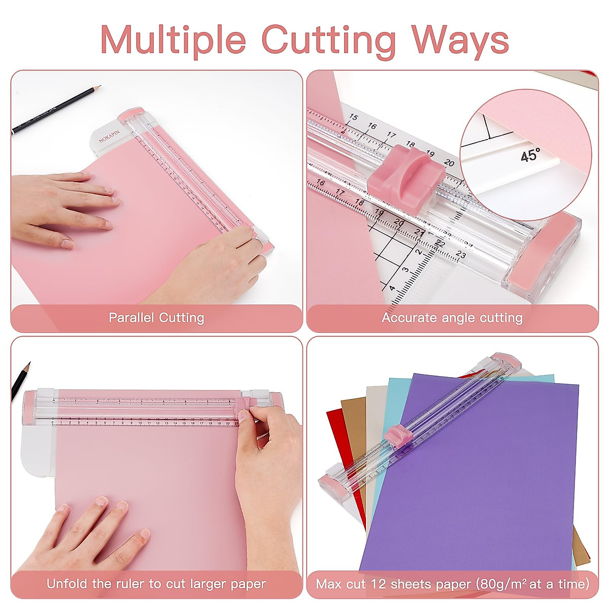 Paper Cutter,Portable Paper Trimmer,12 Inch Paper Slicer Scrapbooking Tool with Automatic Security Safeguard and Side Ruler for Craft Paper,A4 A5 Paper,Coupon, Label and Cardstock (Blue) (Pink)