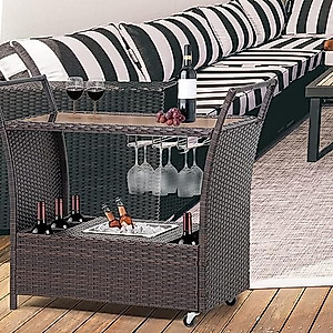 Seogwisam Outdoor Rolling Wicker Bar Cart,Rattan Serving Cart with Removable Ice Bucket,Glass Countertop,Goblet Wine Glass Holders and Storage Compartments, Wicker Bar Cart for Pool, Party, Backyard