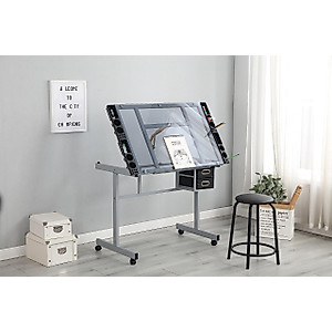 Olela Drafting Desk, Height Adjustable Drafting Table Versatile Art Craft Artists Paintings Storage Work Station with Tilting Temped Glasses Tabletop and Stool (Drawing Table - 3)