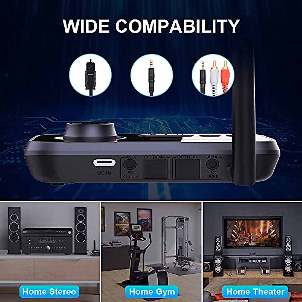 Ainostone Bluetooth 5.0 Transmitter Receiver for 2 Headphones 2-in-1 Audio Adapter with LCD Display Low Latency Long Range Volume Adjustable Optical AUX RCA Bypass for Headphone Speaker TV Home Stereo