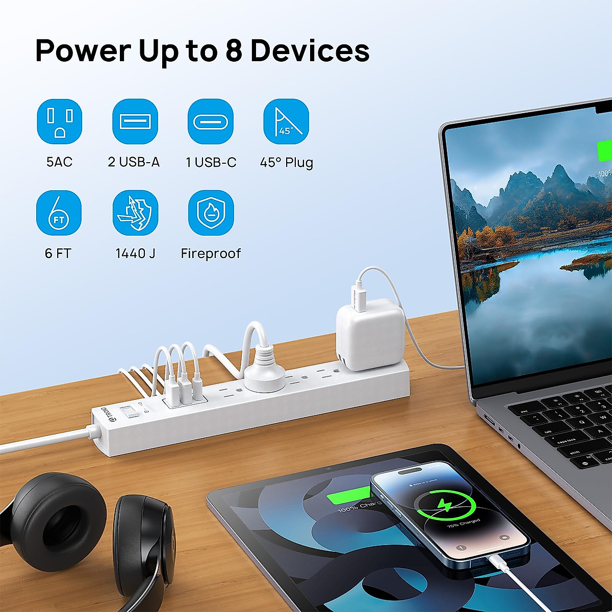 TROND Power Strip Surge Protector, Flat Plug 6ft Extension Cord, 5 Widely AC Outlets with 3 USB Ports(1 USB C), 1440J, 1250W, Wall Mount, Desktop Charging Station for Home Office Dorm Room, White