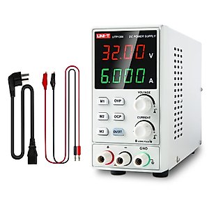 UNI-T DC Power Supply Variable Adjustable Bench Power Supply Switching Regulated 32V 6A OVP OCP OTP 4 Digits LED Display with Plug Adapter Power Cord Output Cables UTP1306