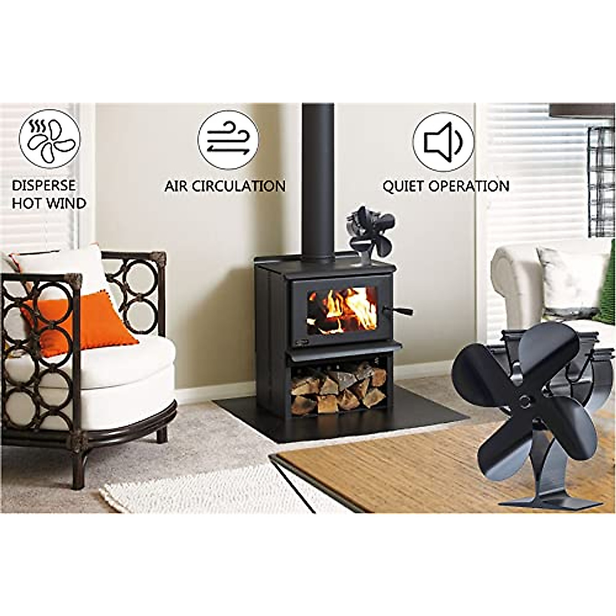 HEUNGBERANT Wood Stove Fan Wood Burning Stove Fan Heat Powered Fireplace Fan for Wood/Log Burner/Fireplace (updated I shape with thermometer)