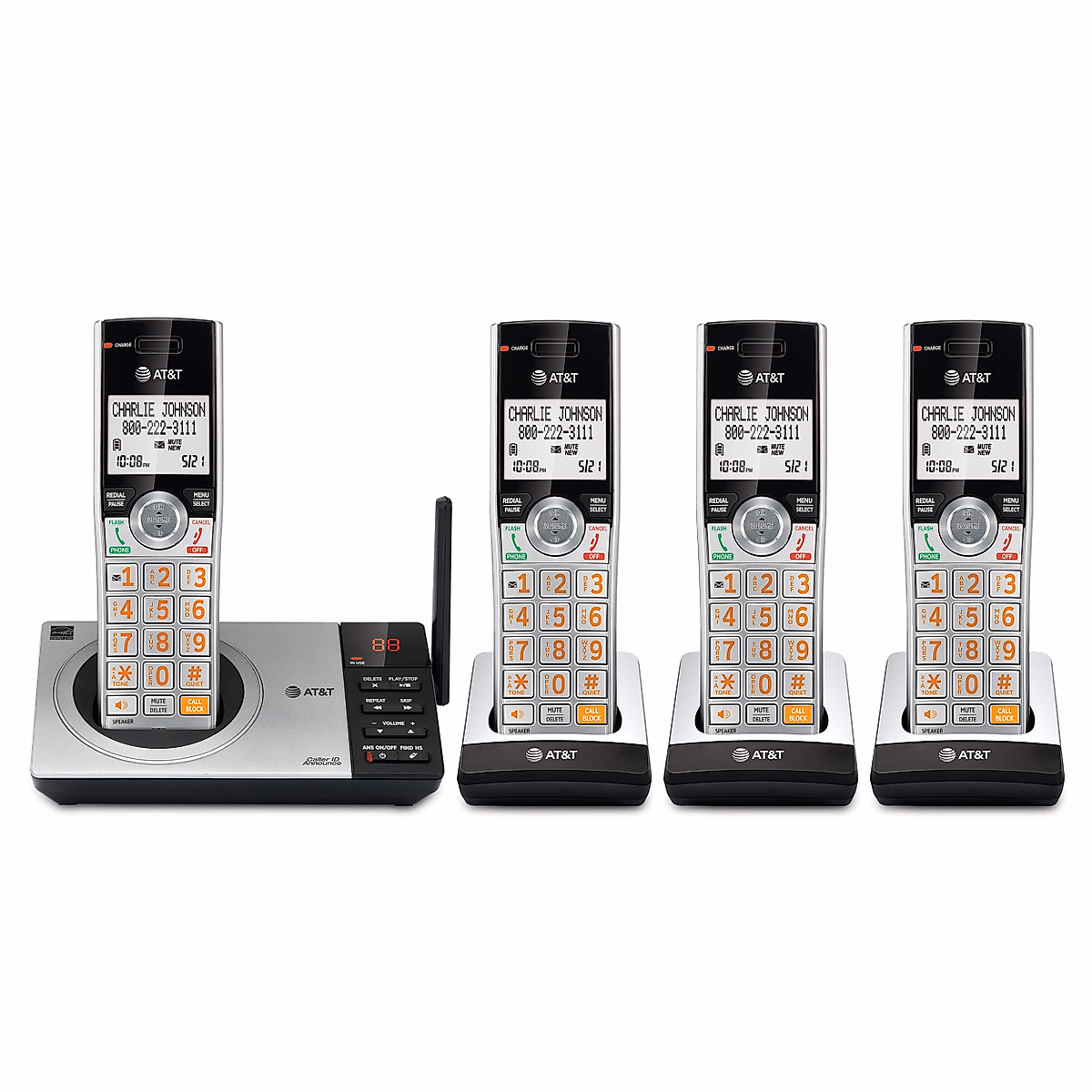 AT&T CL82407 DECT 6.0 4-Handset Cordless Phone for Home with Answering Machine, Call Blocking, Caller ID Announcer, Intercom and Long Range, Silver