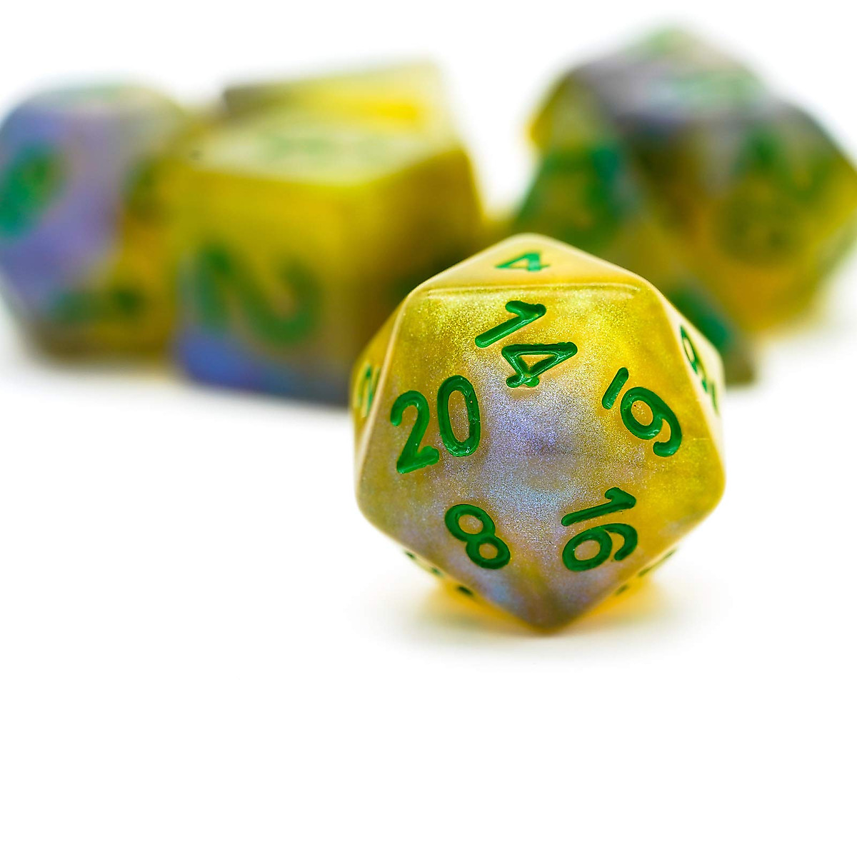 Cusdie 7-Die Resin DND Dice, Polyhedral Dice Set, for Role Playing Game Dungeons and Dragons D&D Dice MTG Pathfinder (Yellow/Blue Green Numbers)