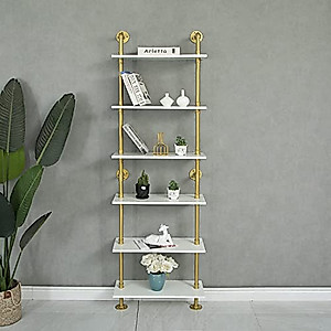 ZIOTHUM 6 Tier Gold Bookshelf, White and Gold Shelves, Modern Shelves Shelf Bookcase Metal Mid Century Open Industrial Wall Mount Accents Decor Retail Shelving Vertical for Living Room