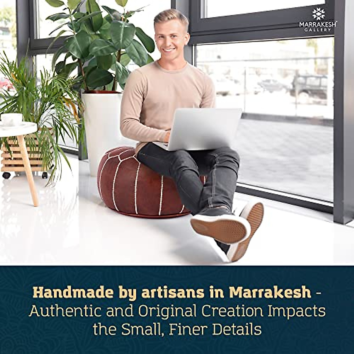 Marrakesh Gallery Genuine Leather Pouf Unstuffed - Moroccan Ottoman Footstool, Footrest Cover - Boho Decor - Bohemian Living Room, Bedroom, Kids Room, Gift & Wedding (Dark Brown)