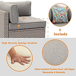 COSIEST 2-Piece Outdoor Furniture Loveseat Wicker Sectional Sofa Set w Warm Gray Thick Cushions, 2 Floral Fantasy Pillows for Garden, Pool, Backyard