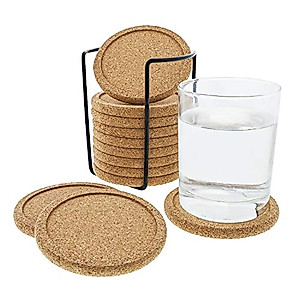 Cork Coasters with Lip for Drinks Absorbent | 12 Set 4 Inch Thick Rustic Saucer with Metal Holder Heat & Water Resistant | Best Reusable Natural Round Coasters for Bar Glass Cup Table