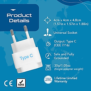 Ceptics European Travel Plug Adapter (Type C), Universal to European EU, Power Charge your Electronics in Italy, Greece, Germany, Outlet Adaptor 3 Pack