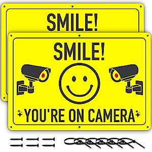 ASSURED SIGNS Smile You're On Camera Sign - 11.75 X 8 Inch - 2 Pack - Ideal Aluminum Video Surveillance Security Signs to Prevent Trespassing on Private Property - Perfect for House, Business, Yard or Private Driveway