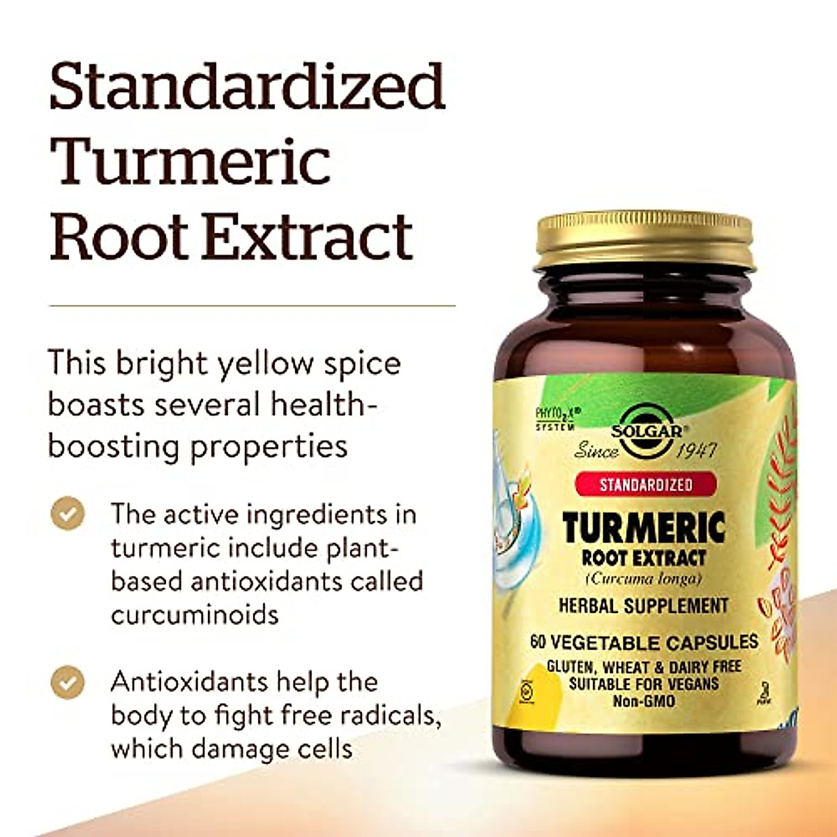 Solgar Standardized Turmeric Root Extract 400 mg, 60 Vegetable Capsules - Antioxidant Support for Brain, Joint, & Immune Health - Non-GMO, Vegan, Gluten Free, Dairy Free, Kosher - 60 Servings