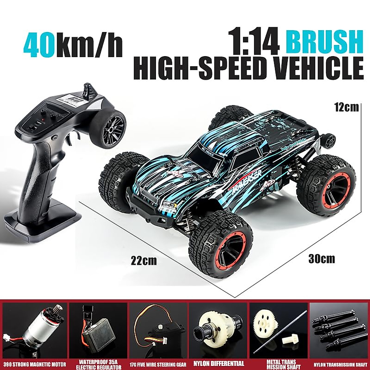 Double Delight Remote Control Car, 1:14 Scale RC Truck 38+ KM/H Speed, 2.4G All-Terrain Off-Road Truck Toy Gifts for Boys and Adults with 2 Rechargeable Batteries Provide 40+ Min Playtime (Blue)