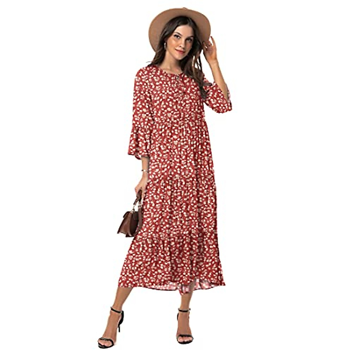 VIISHOW Women's Bohemian Midi Dress 3/4 Sleeve Floral Print Front Tie Neck Ruffle Hem Long Casual Dress(Flower Red,X-Large)