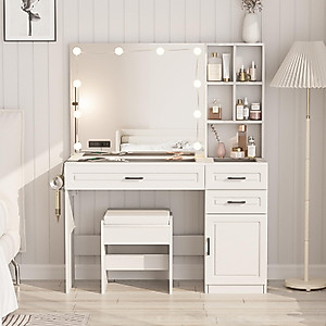 Fameill Vanity Desk with Lighted Mirror & Power Strip,Large Vanity Table with Glass top and Lots Storage,3 Drawer Makeup Desk with Hair Dryer Stand,3 Lighting Modes,White