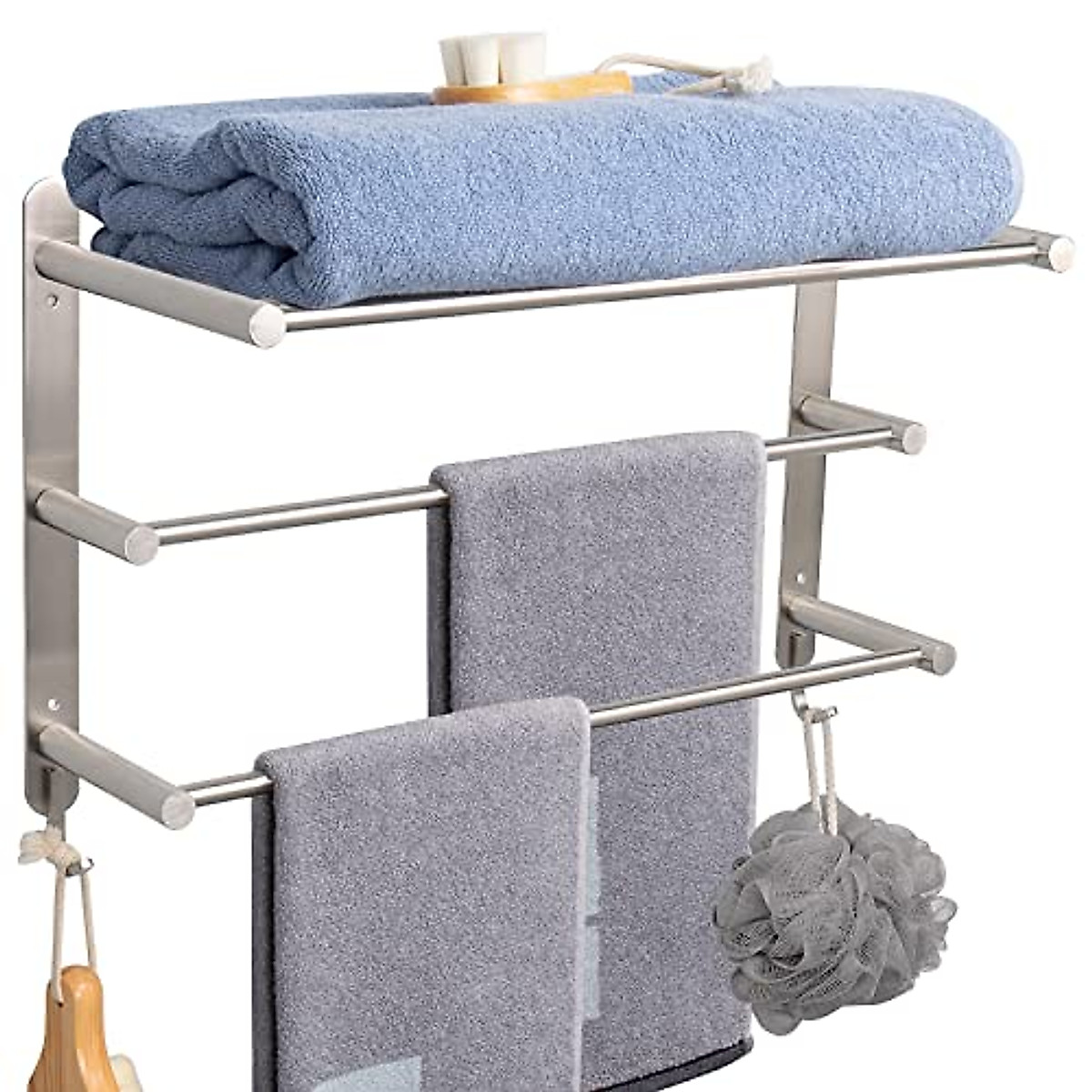 NearMoon Bathroom 3 Tier Towel Shelf- Premium SUS304 Stainless Steel Towel Rack with Double Towel Bar Space Saving Towel Hangers Bath Storage Organizer Accessory Wall Mounted (24 Inch, Brushed Nickel)