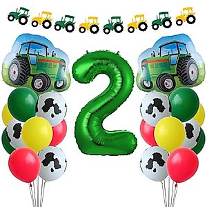 Tractor Balloons 2nd Birthday Party Decorations, Green Tractor with Farm Cow Animals Balloon Western Cowboy 2nd FarmTractor Theme Birthday Party Decorations