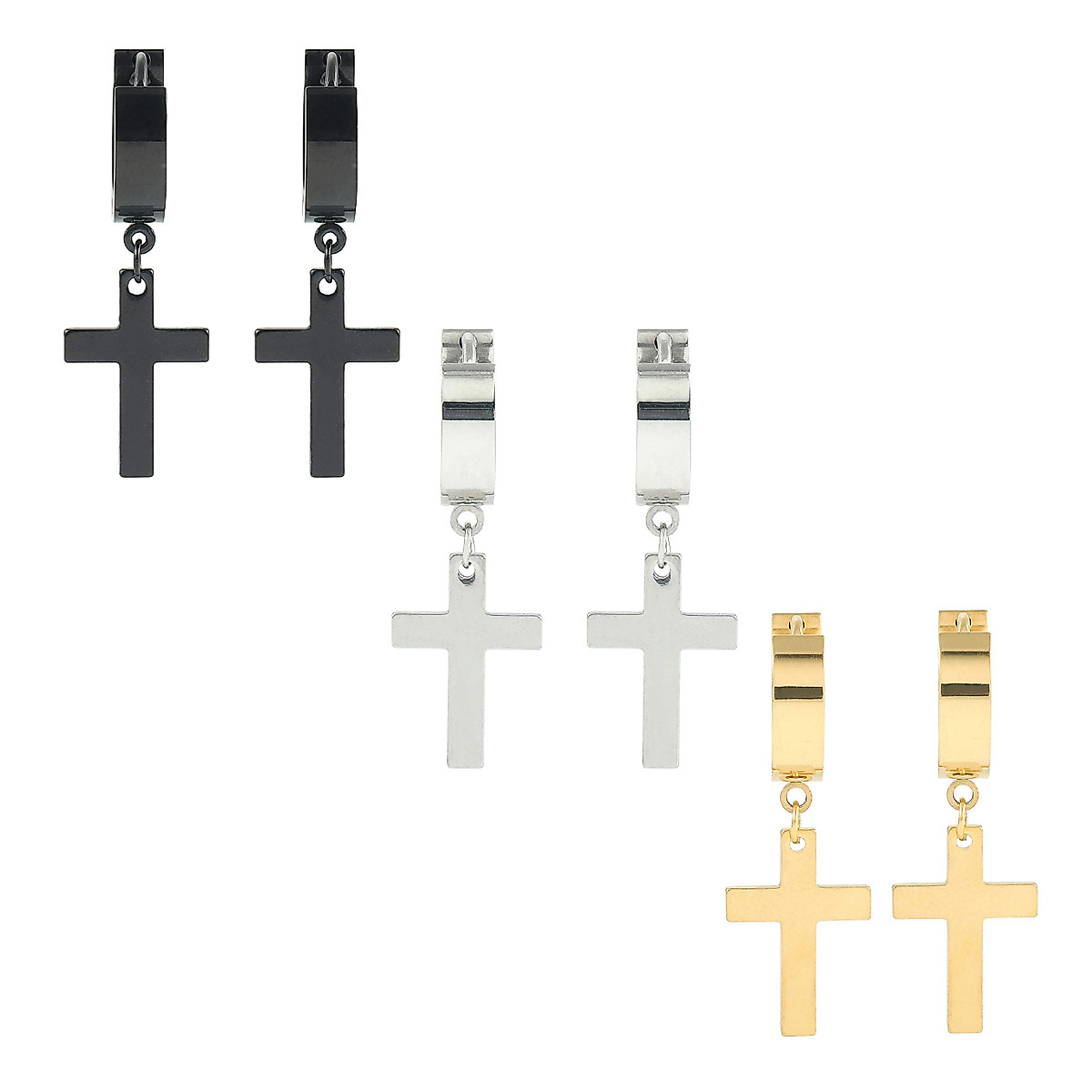 Szory 3 Pairs Stainless Steel Cross Earrings for Men Women Dangle Hoop Earrings Silver Gold Black